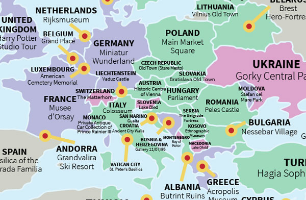 Mapa con las atracciones turísticas que tienes que visitar en cada país ...